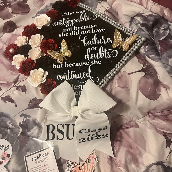 Custom Graduation Cap With BOW & BLING , 3D Paper Flowers, Graduation ...