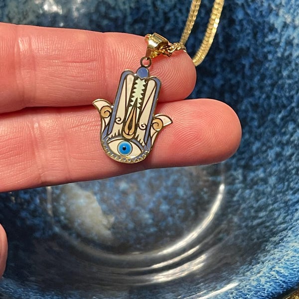14k Solid Gold Hamsa Hand Evil Eye Pendant Hand-painted Abstract Evil ...