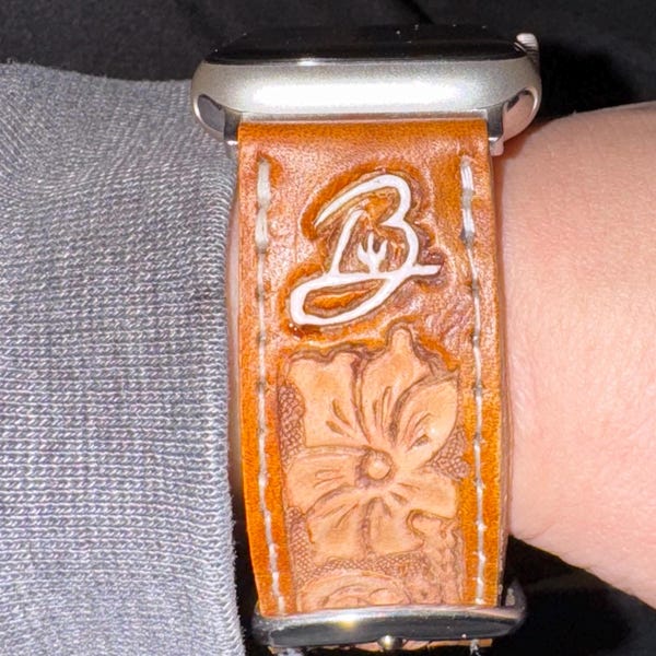 Custom Design Western Floral Tooled & Painted Leather Watch Band ...