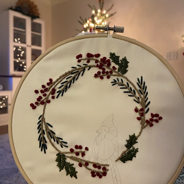 PDF Pattern - 8" Cardinal Wreath - Step by Step Beginner Embroidery ...
