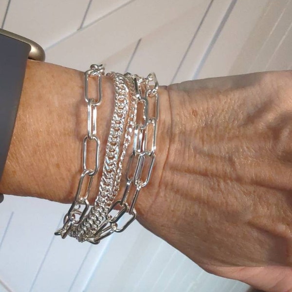 Multi Strands Silver Bracelet for Women Chunky Layered Silver Paperclip ...