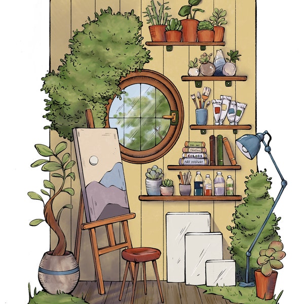 Cozy Atelier Coloring Pages, Plants, Furniture (JPG, PNG, Letter Size ...
