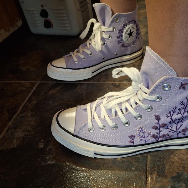 Embroidered Converse Custom, Purple Converse Embroidery Flower, Purple ...
