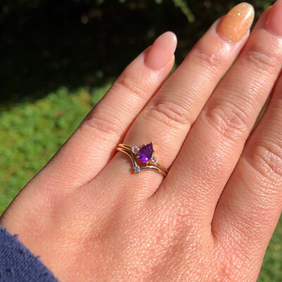 14K Gold swoop Ring, Diamond Ring, Diamond Chevron Ring, V Ring, Curved ...