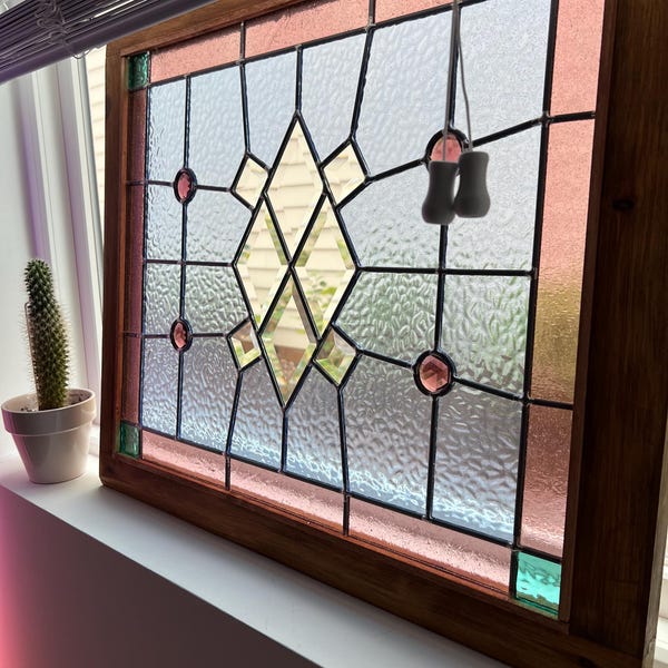 Leaded Stained Glass Panel Transom in Rustic Window Frame With Diaper ...