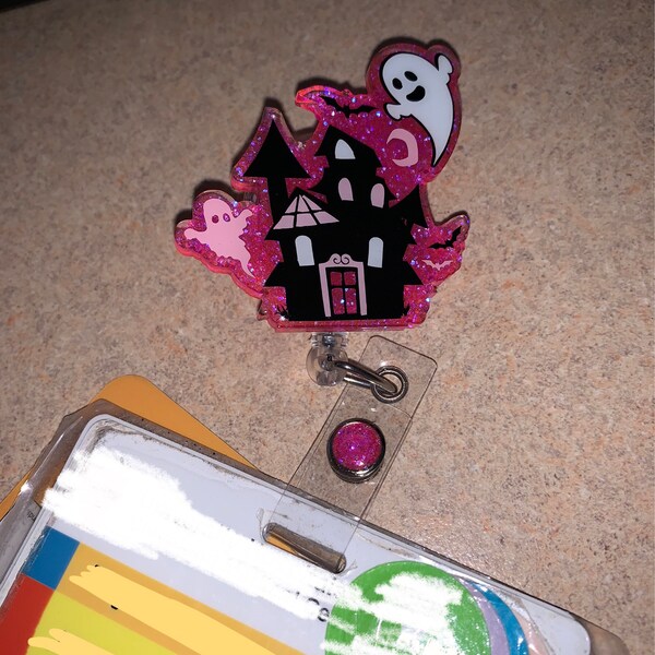 Haunted House Badge Reel, Pink Halloween Badge Holder, Retractable ...