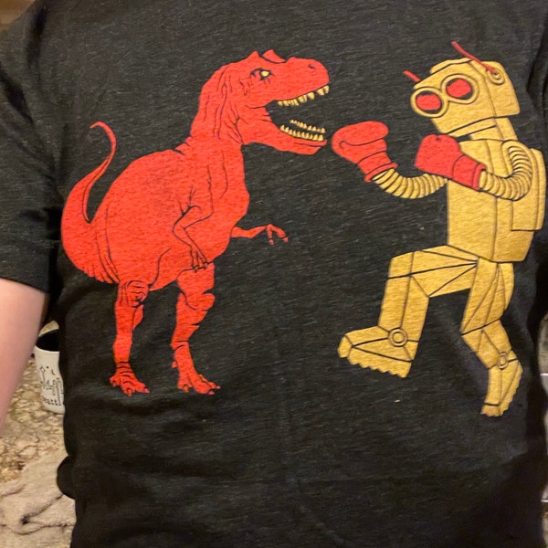 Dinosaur Vs Robot - Unisex Mens T-shirt Retro Scifi Tee Shirt Awesome ...