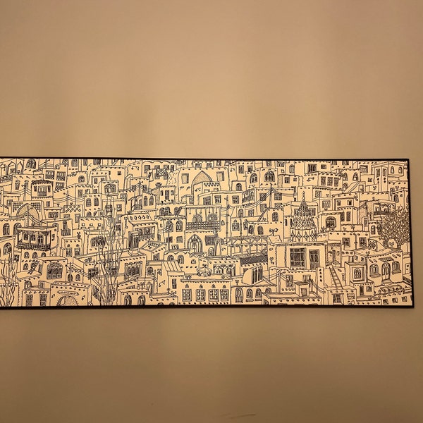 The Persian Village, Line Panoramic Drawing of an Iranian City Abyaneh ...