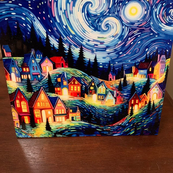Whimsical Starry Night Village Ceramic Tile Art - Etsy