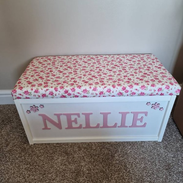 Wooden Personalised Toy Box With Safari Cushion Seat, Soft Close Hinge ...