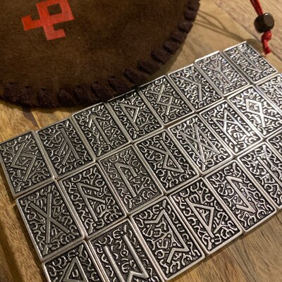 Silver-plated Metal Rune Set With Leather Pouch, Full Elder Futhark ...
