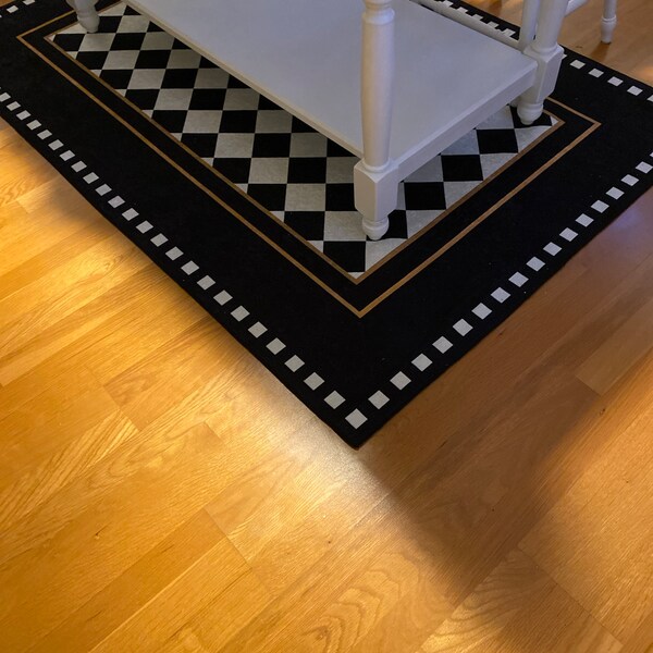 Checkered Rug, Black Border on Check Pattern Nonslip Area Rug, Black ...
