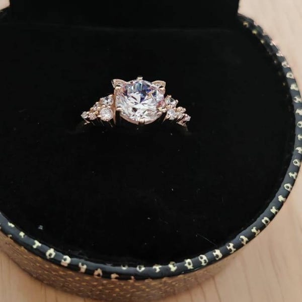 Round Moissanite Cat Engagement Ring Unique Cat Moissanite Cluster Ring Snowdrift Ring 14k Rose ...