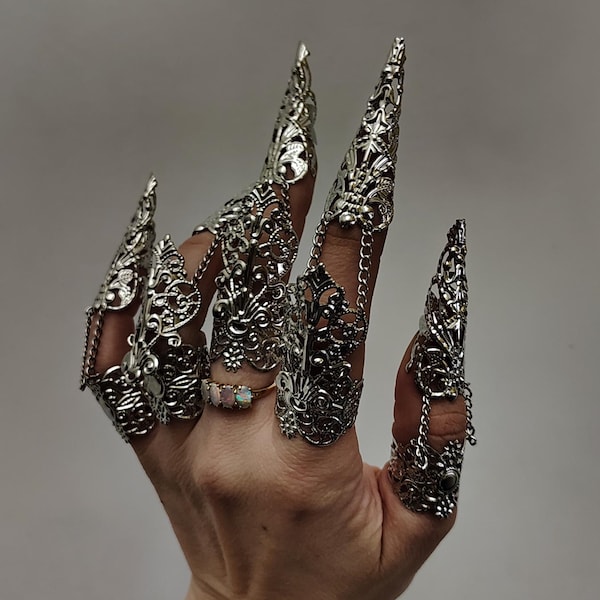 Full Armor Articulated Finger Claws Nails Ring Gold Set Style 2 ...