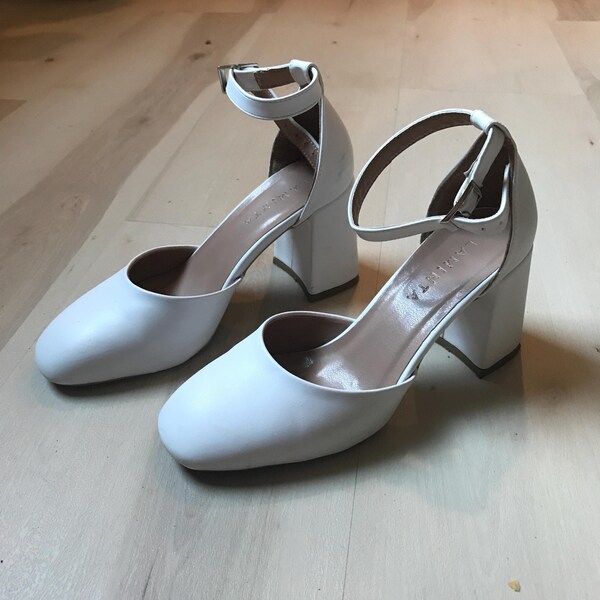White Short Heeled Wedding Shoes, Bridal Shoes, Block Heeled Leather ...