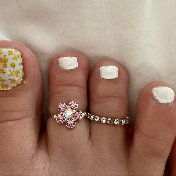 Pink Crystal Super Sparkly Flower Toe Ring, Stretch Elastic Toe Ring ...