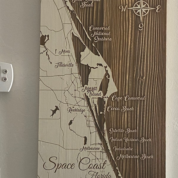 Space Coast, Florida Whimsical Map | Wood Engraved Maps| Wall Art ...