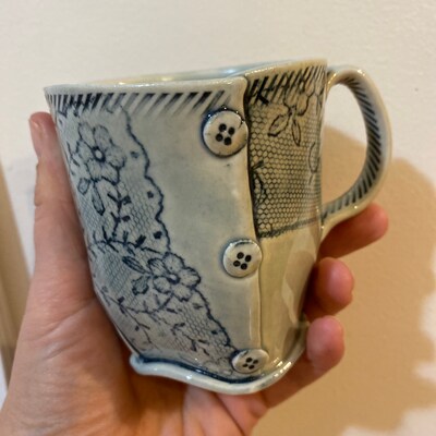 Small Porcelain Slab Built Mug With Embroidery and Buttons by Stacey ...