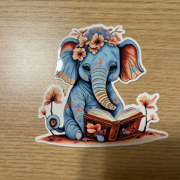 Blue Elephant Sticker, Elephant Reading Book Sticker, Baby Elephant ...