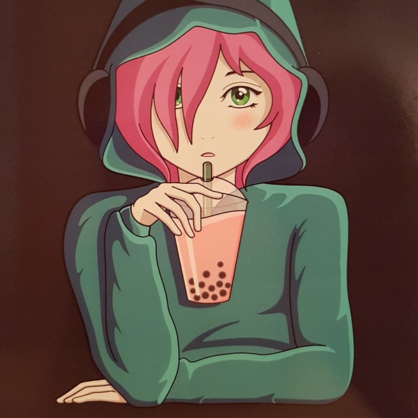 Anime Girl Spiral Notebook Size A5 - Listening to Music and Drinking ...