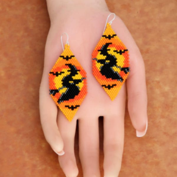 Beaded WITCH HALLOWEEN Earrings - Miyuki Brick Stitch Beading Pattern ...