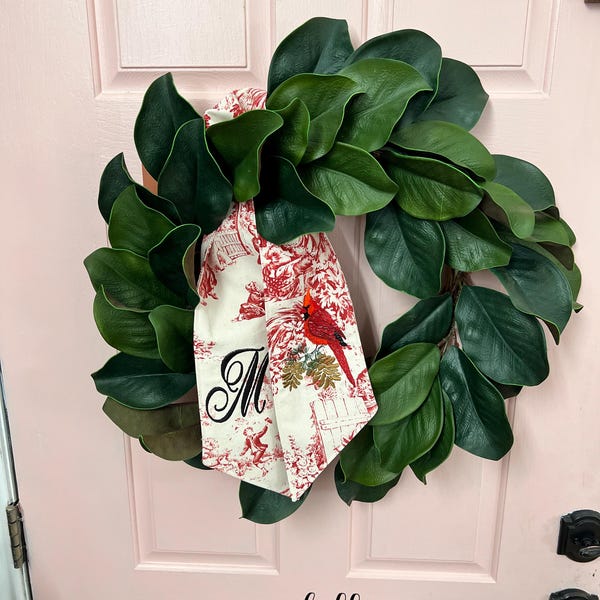 Cardinal Red Toile Holiday Wreath Sash for Front Door, Custom Monogram ...