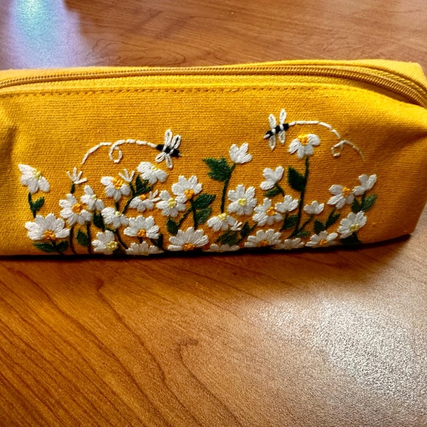 Hand Embroidered Pencil Case With Flower Embroidery, Pen Case, Floral ...