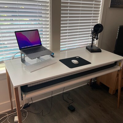 PIANO DRAWER Desk With Wooden Legs and Dark Brown Laminated Plywood Top ...