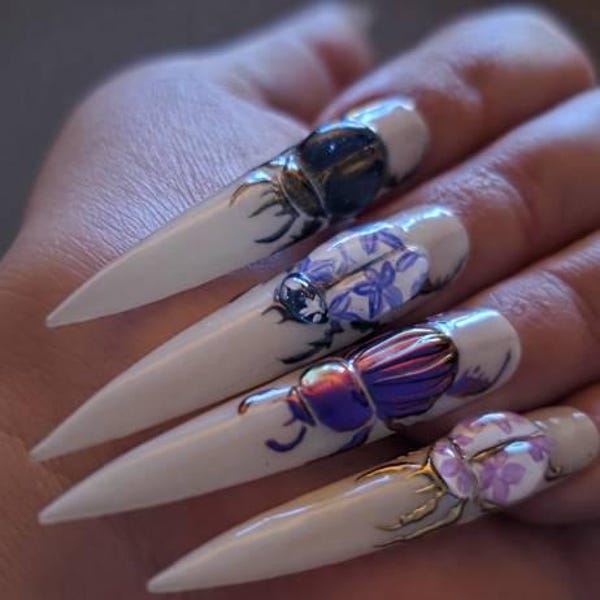 3D Scarab Beetle Press on Nails, Handmade False Nails With Vintage ...