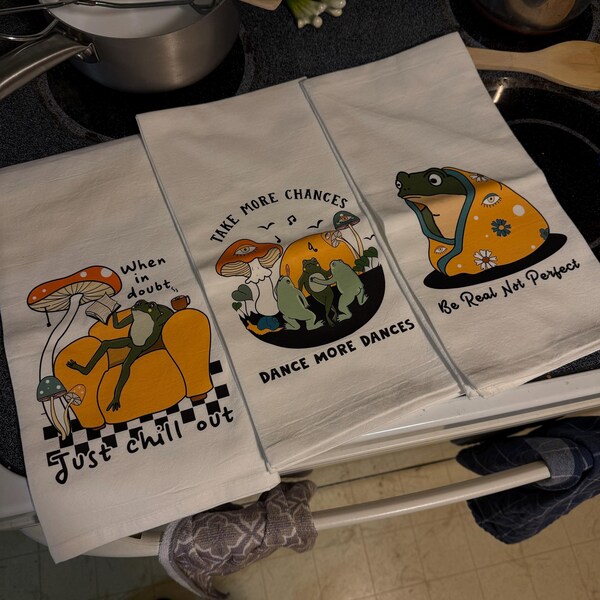 Inspirational Frogs Set of 3 Flour Sack Kitchen Tea Hand Towels Frog ...