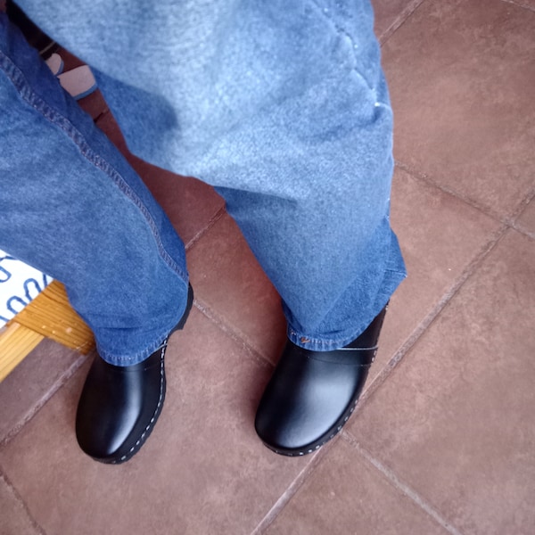 Original Swedish Clogs, Black Fat Leather With Carved 3 Dimensional ...