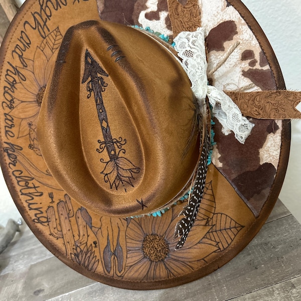 CUSTOM HAND BURNED Wide Brim Hat Bride Branded Hat Flowers and Leaves Burned Hat Western Hat - Etsy