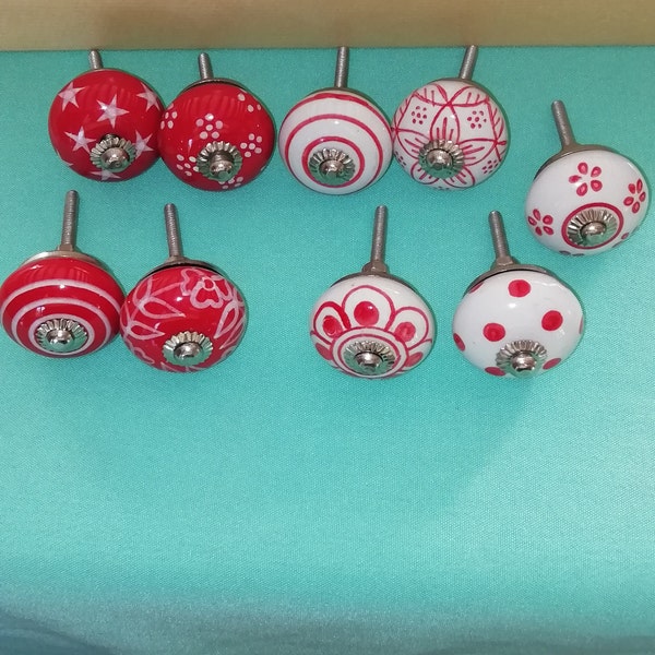 Red and White Assorted Ceramic Knobs Hand Painted Ceramic Door Knobs Pumpkin Knobs Kitchen ...