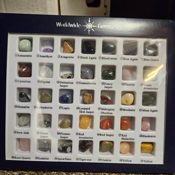 Gemstone Display Box Deluxe Kit Mixed Stones Identification Map 35 Pcs ...