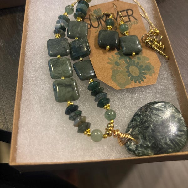 Peyote Beaded Necklace Green Mosaic Stone Pendant Necklace Boho Tribal ...