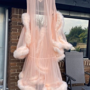 Black Tulle Dressing Gown With Baby Pink Marabou Feathers, Luxury Sexy ...