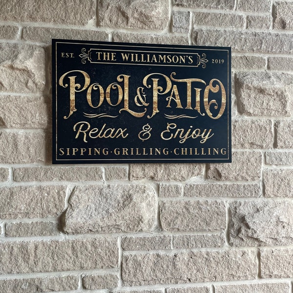METAL SIGN! Personalized Pool & Patio Sign Backyard Bar and Grill Pool Deck Custom Family Last ...