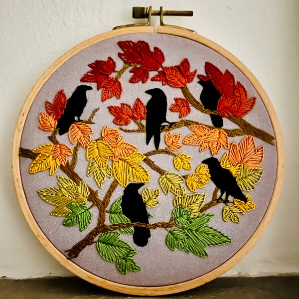 Autumn Birds Embroidery Hoop Kit, Crow Embroidery Pattern, Fall ...