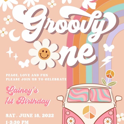 Editable Pink Daisy Rainbow Groovy Van Groovy ONE 1st Birthday Invite ...