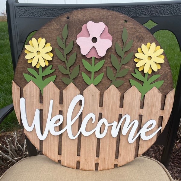 Welcome Fence Flowers Sign, Round Door Hanger SVG, Glowforge Laser Cut ...
