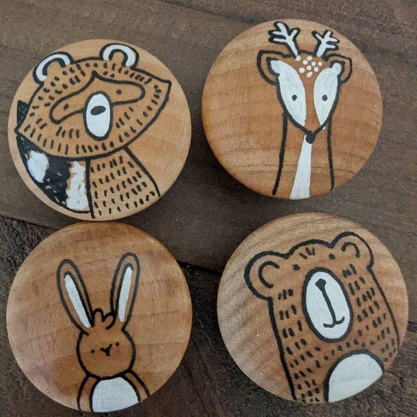 Woodland Forest Critter Nursery Knobs - Hand Painted Boho Bear, Deer, Raccoon, Rabbit, Owl, and ...
