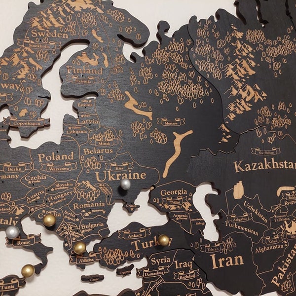 Extra Large Wooden World Map With Borders, Countries, Capitals Engraved ...