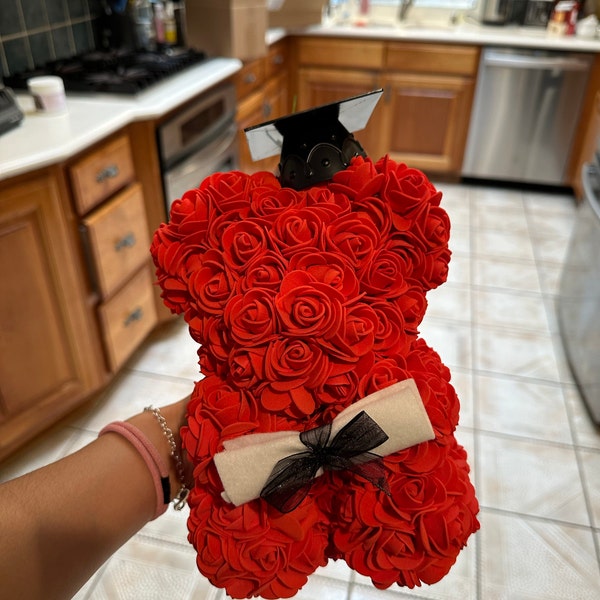 Graduation Rose Bear 10" Tall , Baby Shower Decor, Birthday Gift ...