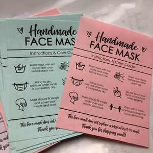 PRINTABLE Face Mask Care Card, Handmade Face Mask Tag, Cloth Face Mask ...