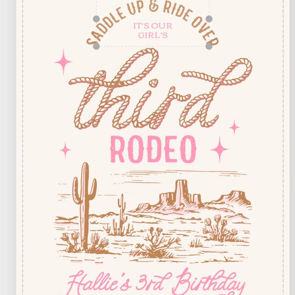 Cowgirl Third Birthday Invitation, Girl's Third Rodeo Invitation, Girl ...