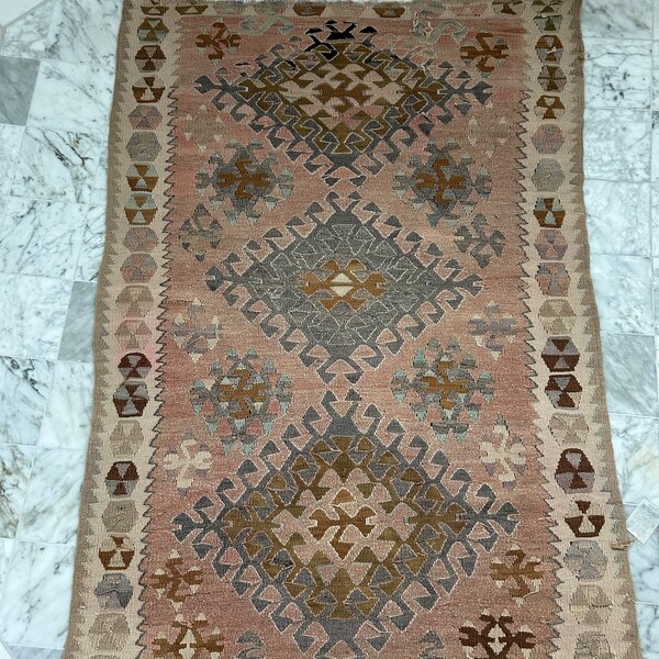 6.1x9.3 TURKISH KILIM, Pastel White Turquoise Yellow FLATWEAVE Vintage ...