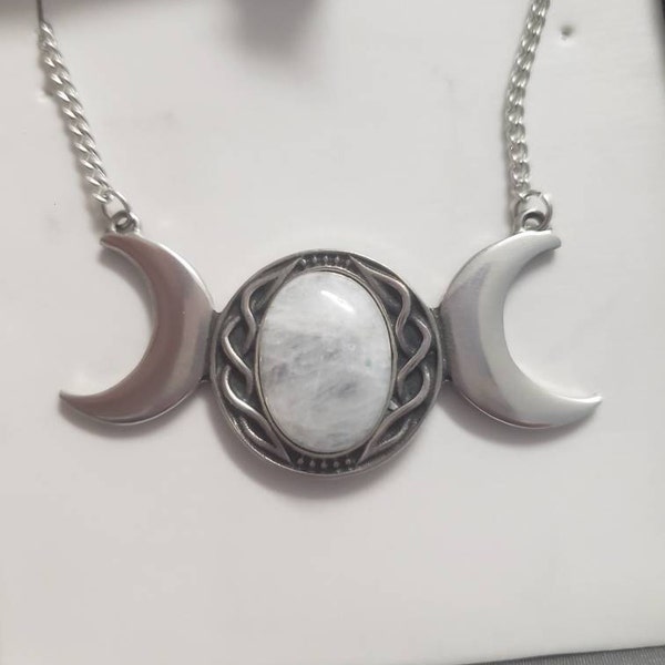 Triple Moon Necklace | Made in Cornwall | Rainbow Moonstone and Pewter ...