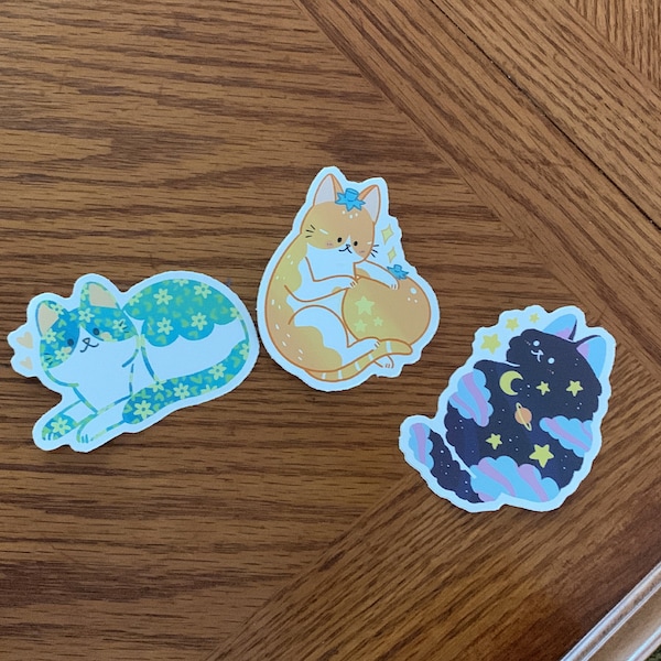 Super Cute Magical Cat Stickers Set of 3 Gloss Illustrated Stickers ...