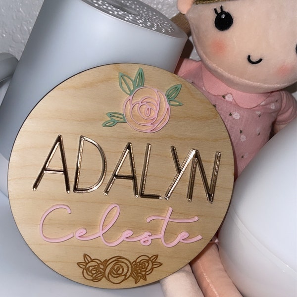 Rose Baby Girl Name Sign Floral Wood Name Sign 3D Name Announcement ...