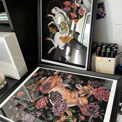 White Rabbit With Poppy Flowers Giclee Print From Original Hand ...